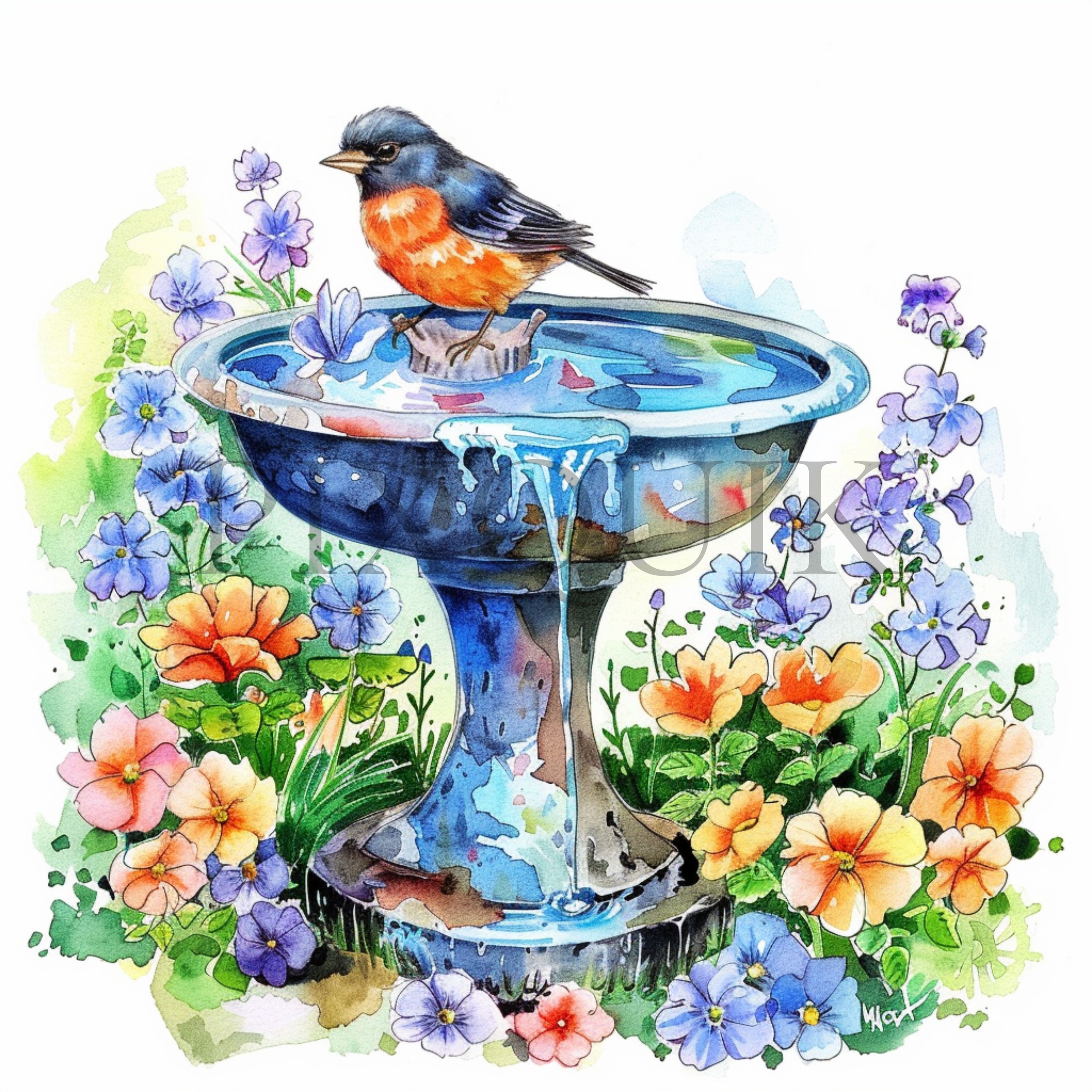 Watercolor Birdbath Clipart | Spring Garden Illustration (digital ...