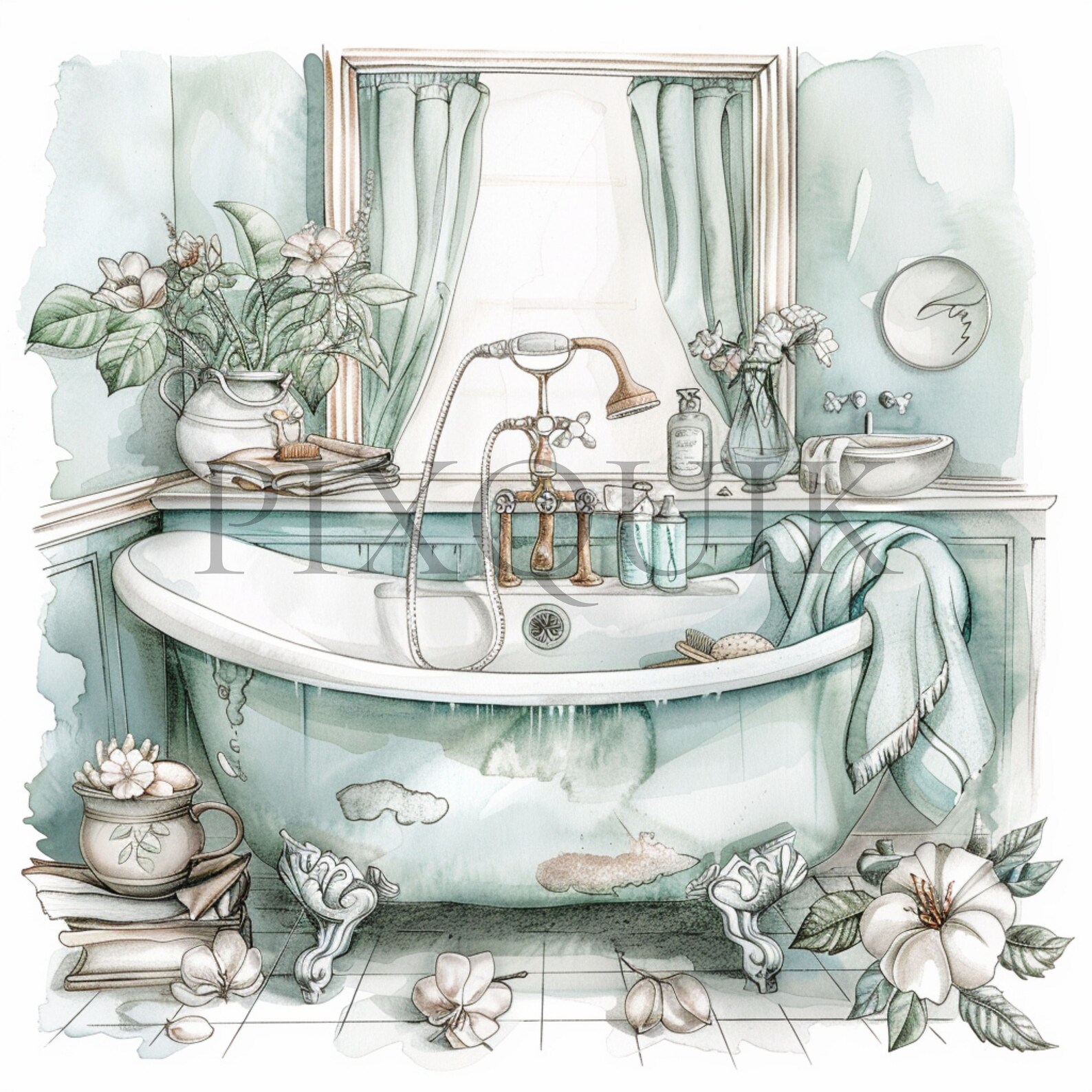 Vintage Floral Bathroom Clipart: Watercolor Style (digital Download) - Etsy