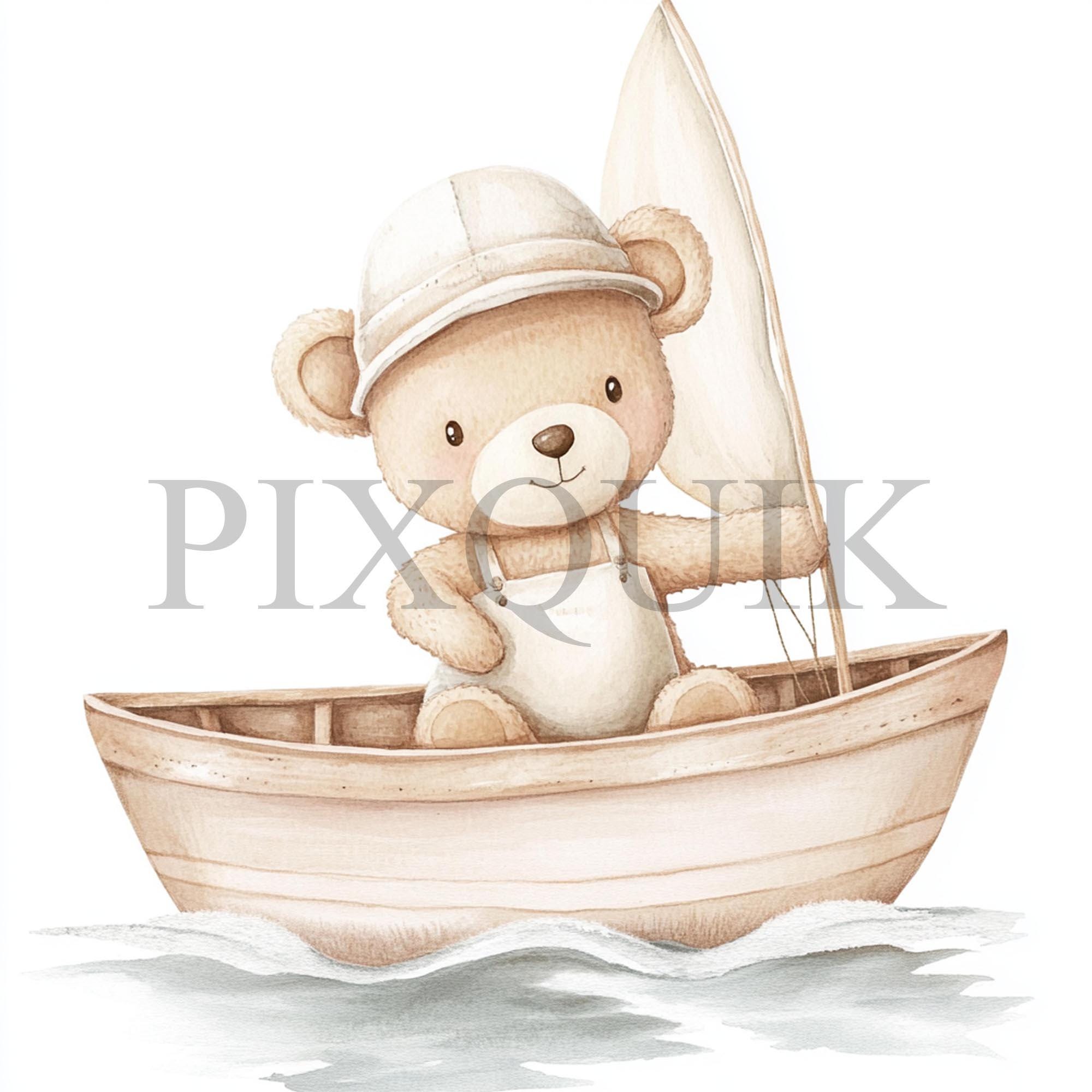 Teddy Bear in Boat Clipart: Watercolor Boho Art (JPG & PNG) - Etsy