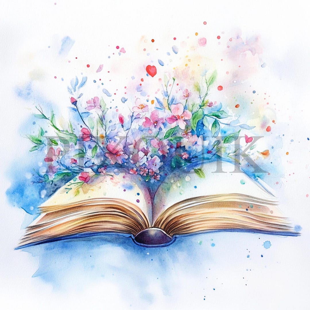 Floral Open Book Clipart: Vintage Watercolor Art (10 JPG Files) - Etsy