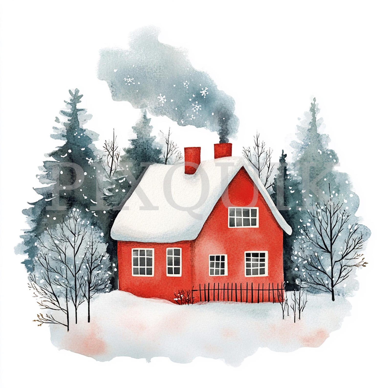 Winter Landscape Clipart | Red House Watercolor Art (4 JPG Files) - Etsy