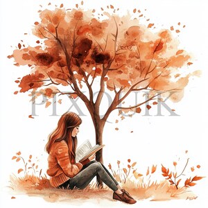 Autumn Woman Reading Clipart | 10 High Quality Jpg's and PNG | Cozy ...