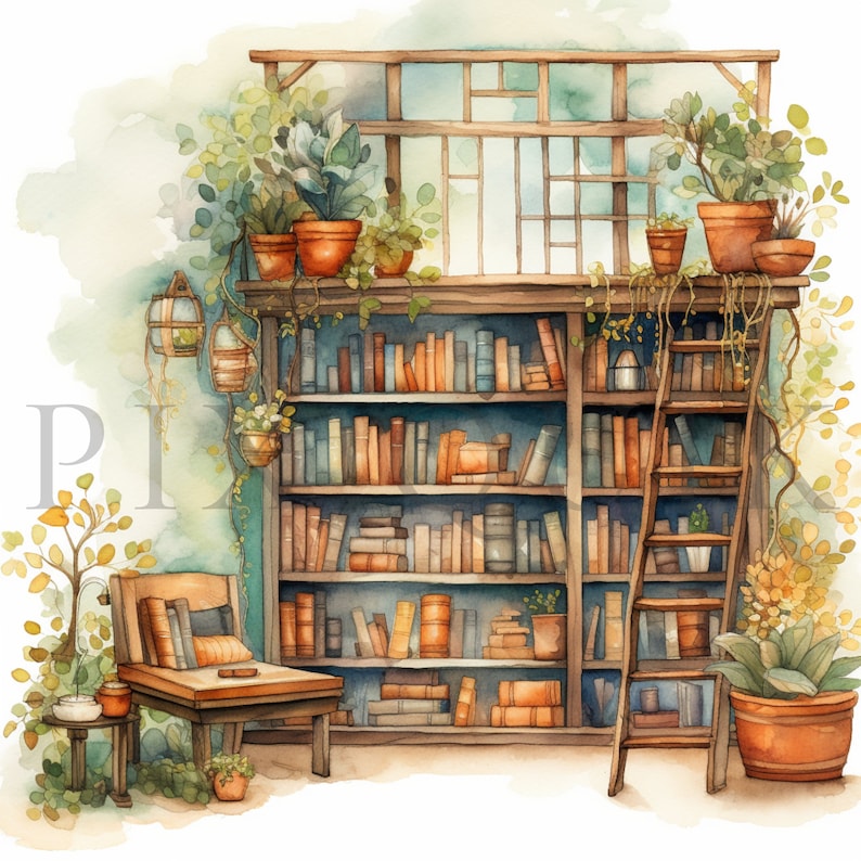 Watercolor Bookshelf Clipart 10 High Quality Jpgs Library Books Clipart ...