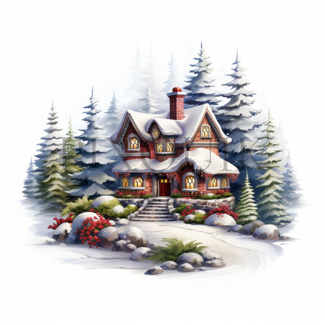 Winter Holiday Scene Clipart | Christmas Cottage Landscape (digital ...
