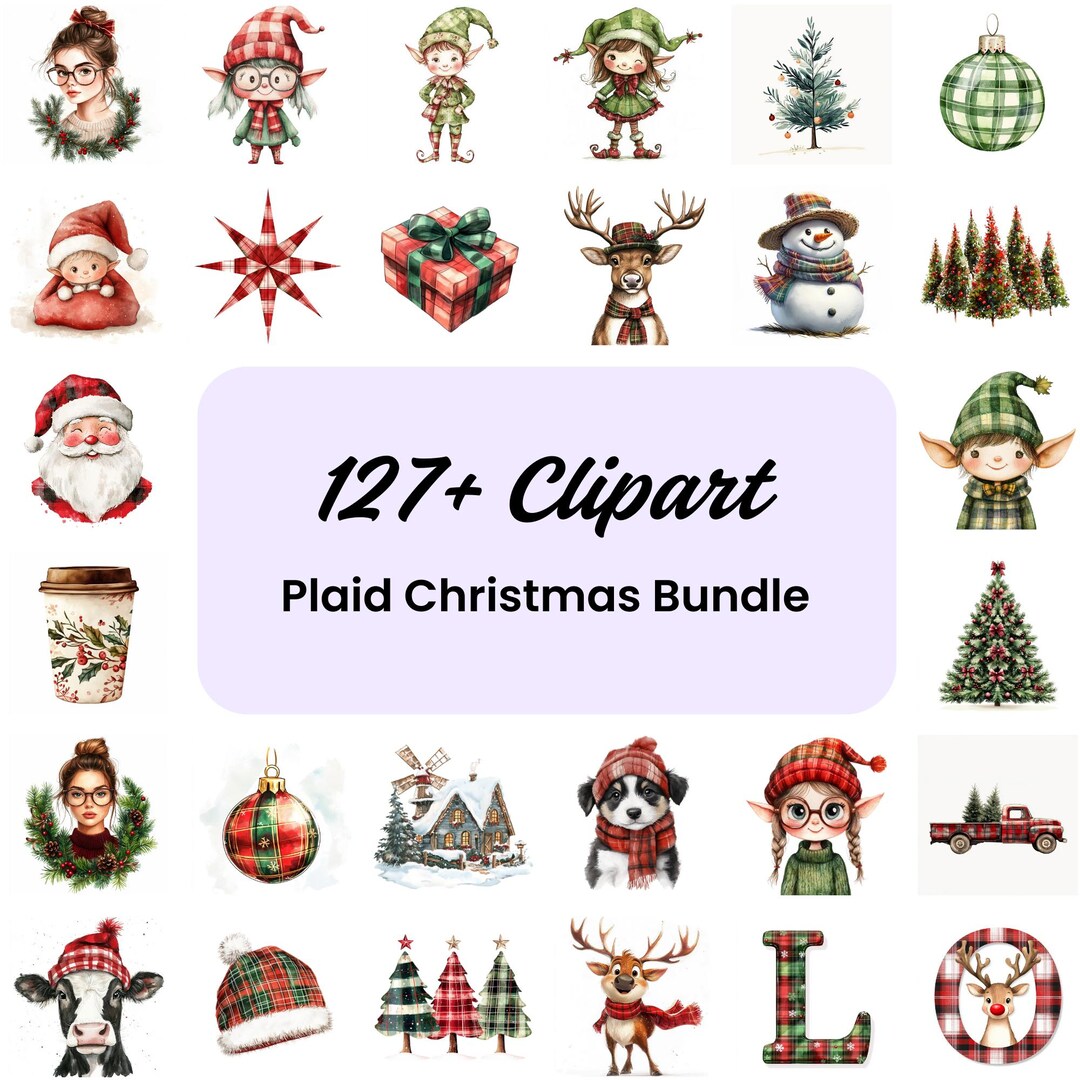 Plaid Christmas Clipart Bundle: 127+ Watercolor PNG Files (digital ...