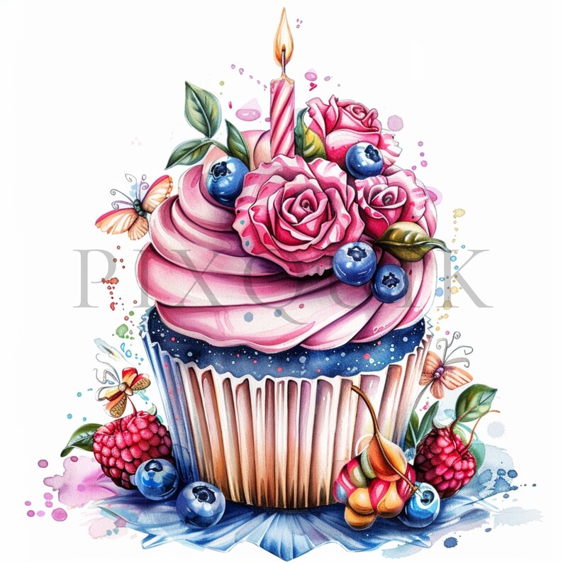 Watercolor Birthday Cupcake Clipart 1 10 High Quality Jpgs Digital ...