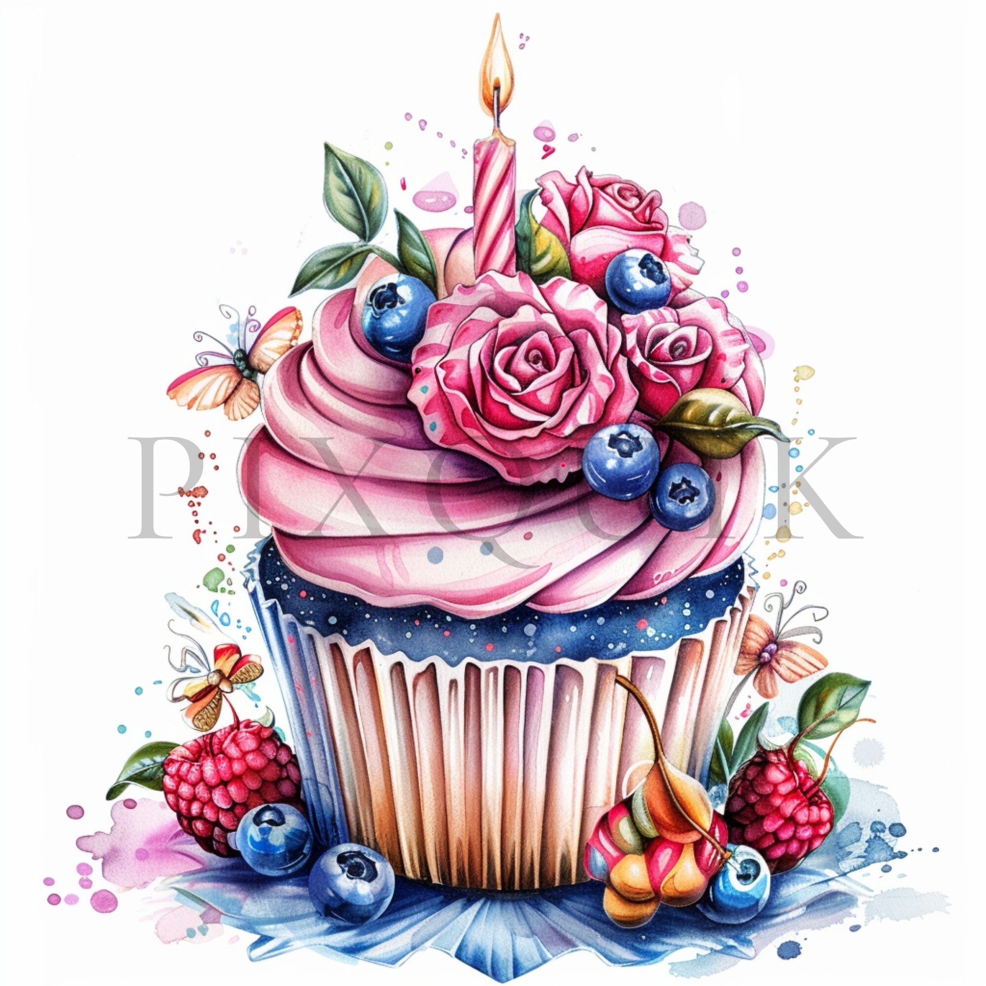 Watercolor Birthday Cupcake Clipart | Berry Topping (digital Download ...