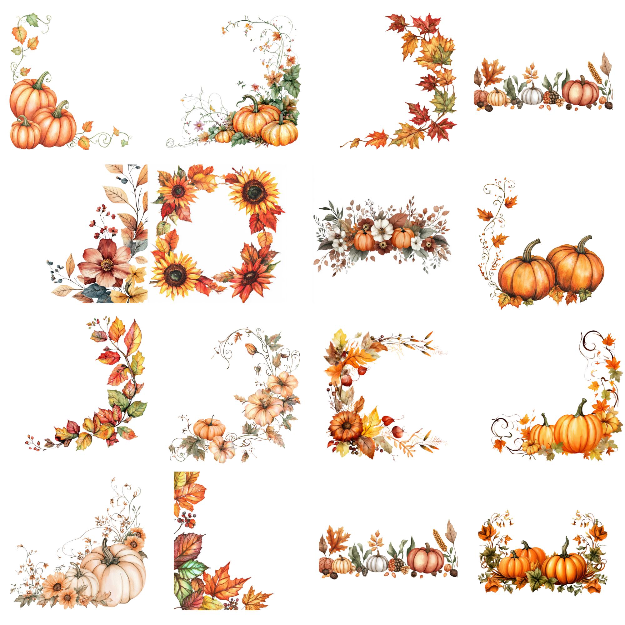 Autumn Watercolor Clipart: Fall Leaves & Pumpkin Borders (106+ JPG ...