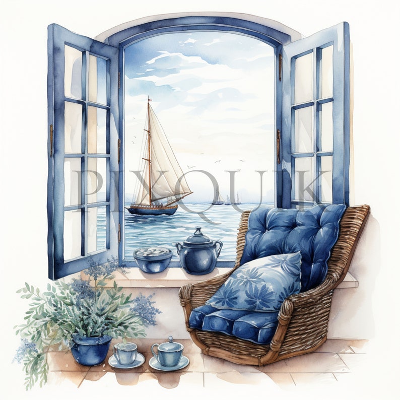 Watercolor Nautical Window Clipart | Maritime Art Prints (digital ...