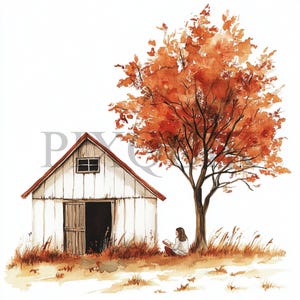 Watercolor Fall Reading Clipart | Barn and Girl (digital Download) - Etsy