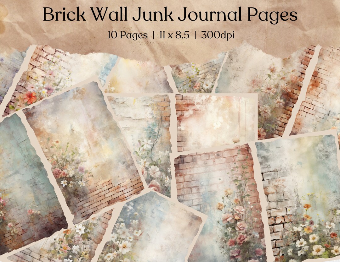 Floral Brick Wall Junk Journal Pages | Digital Scrapbook | Flower Paper ...