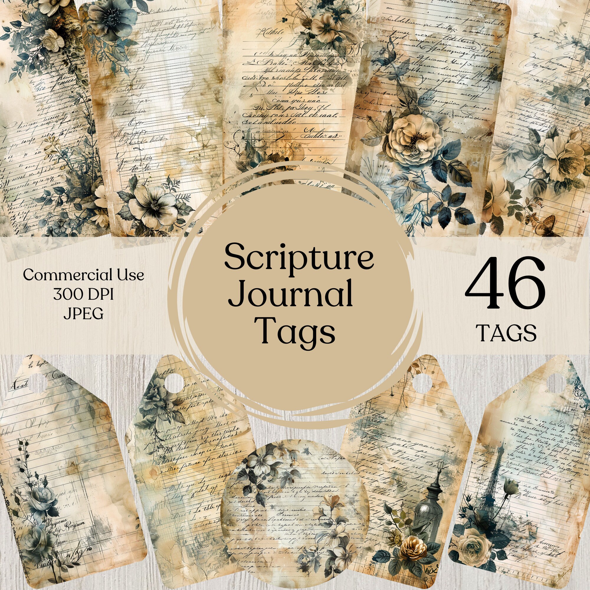 Vintage Script Junk Journal Tag Kit Script Printable Tag Vintage Paper ...