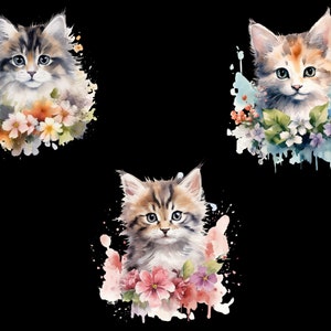 Watercolor Floral Kitten Clipart | Sublimation | Kitten PNG | Animal ...