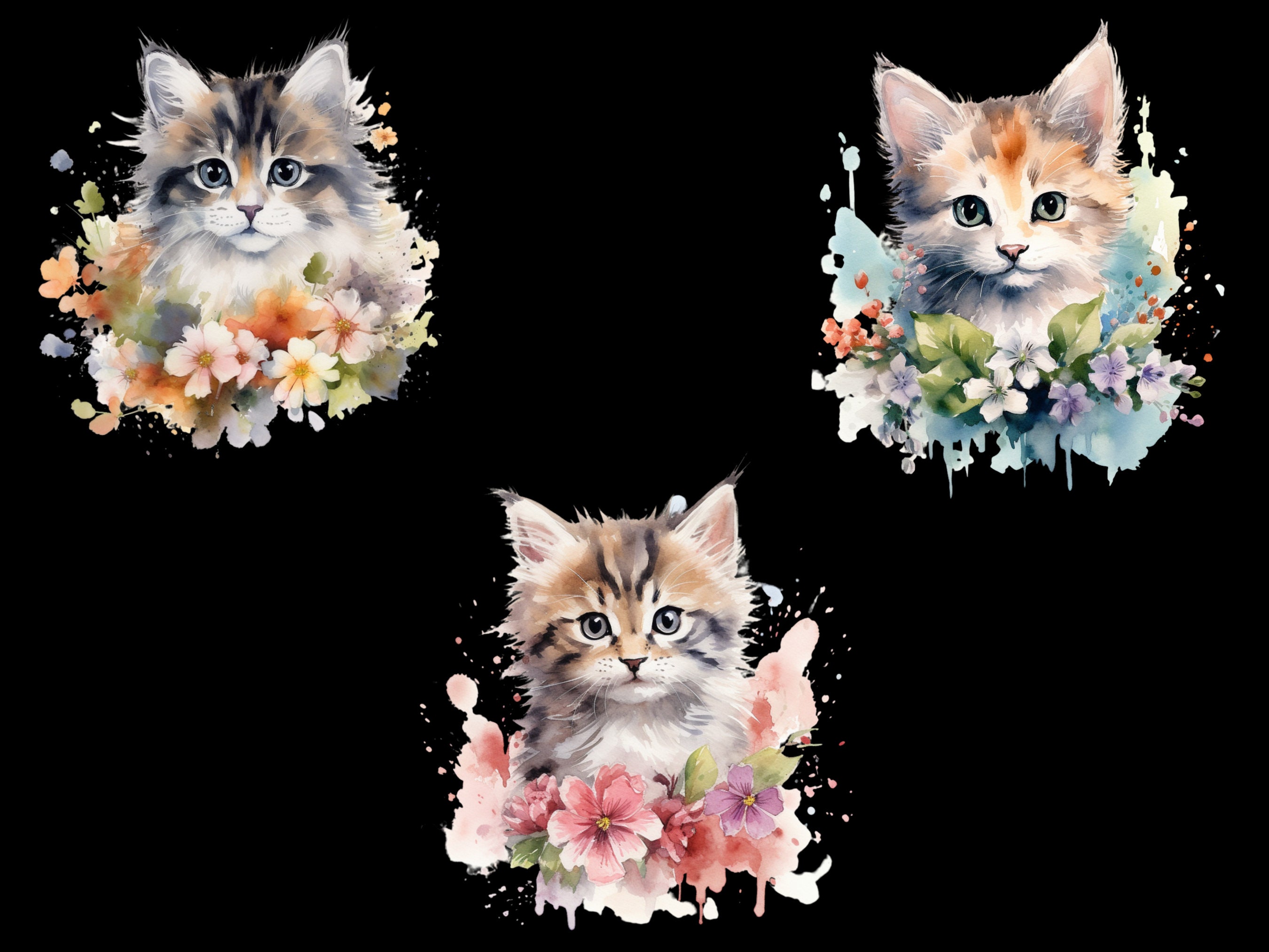 Watercolor Floral Kitten Clipart Sublimation Kitten PNG - Etsy
