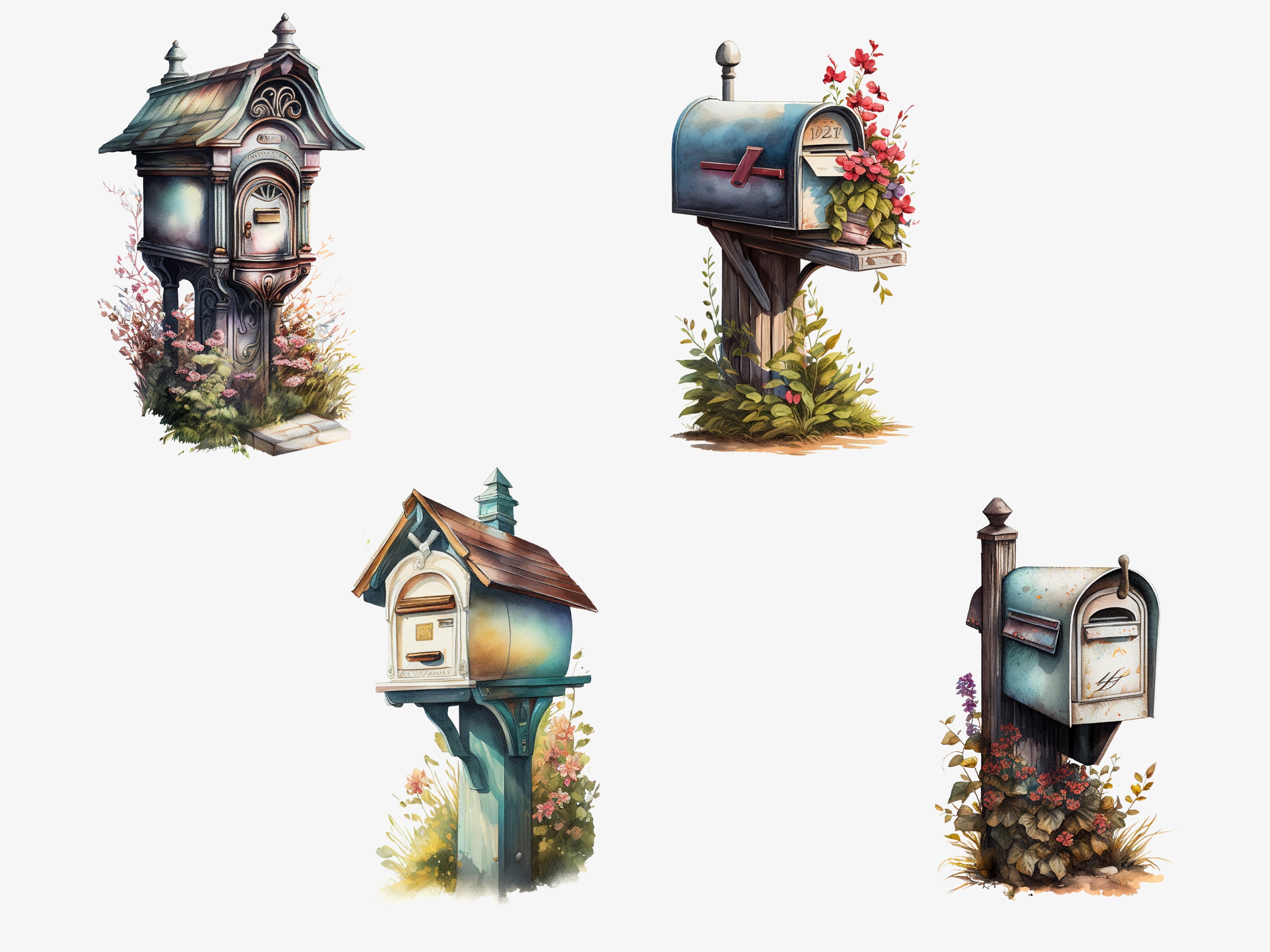 Watercolor Mailbox Clipart Bundle Mailbox Digital Images Mailbox ...