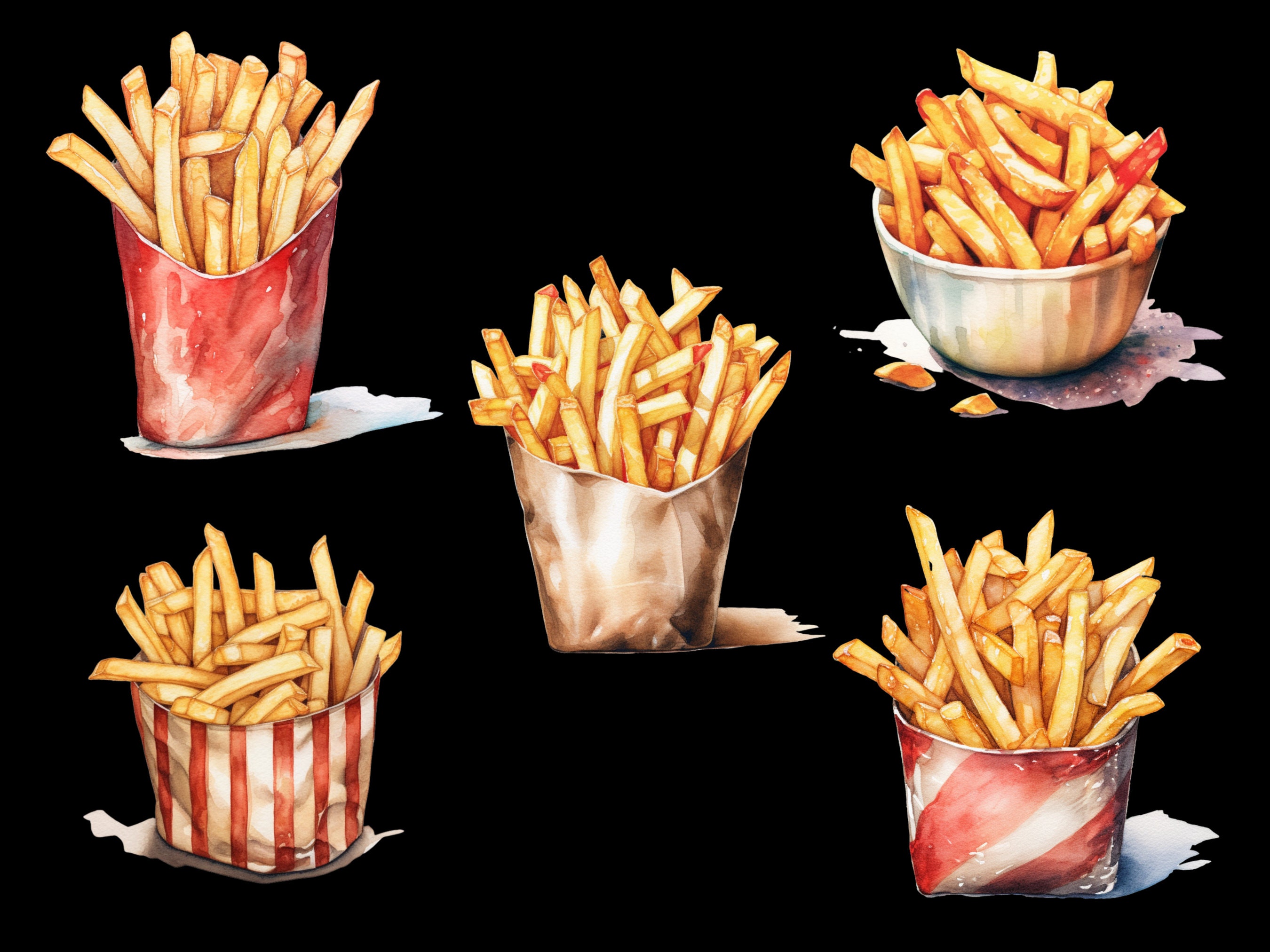 Watercolor French Fries Clipart Bundle French Fries PNG Fast Food Graphics French Fries Graphics ...