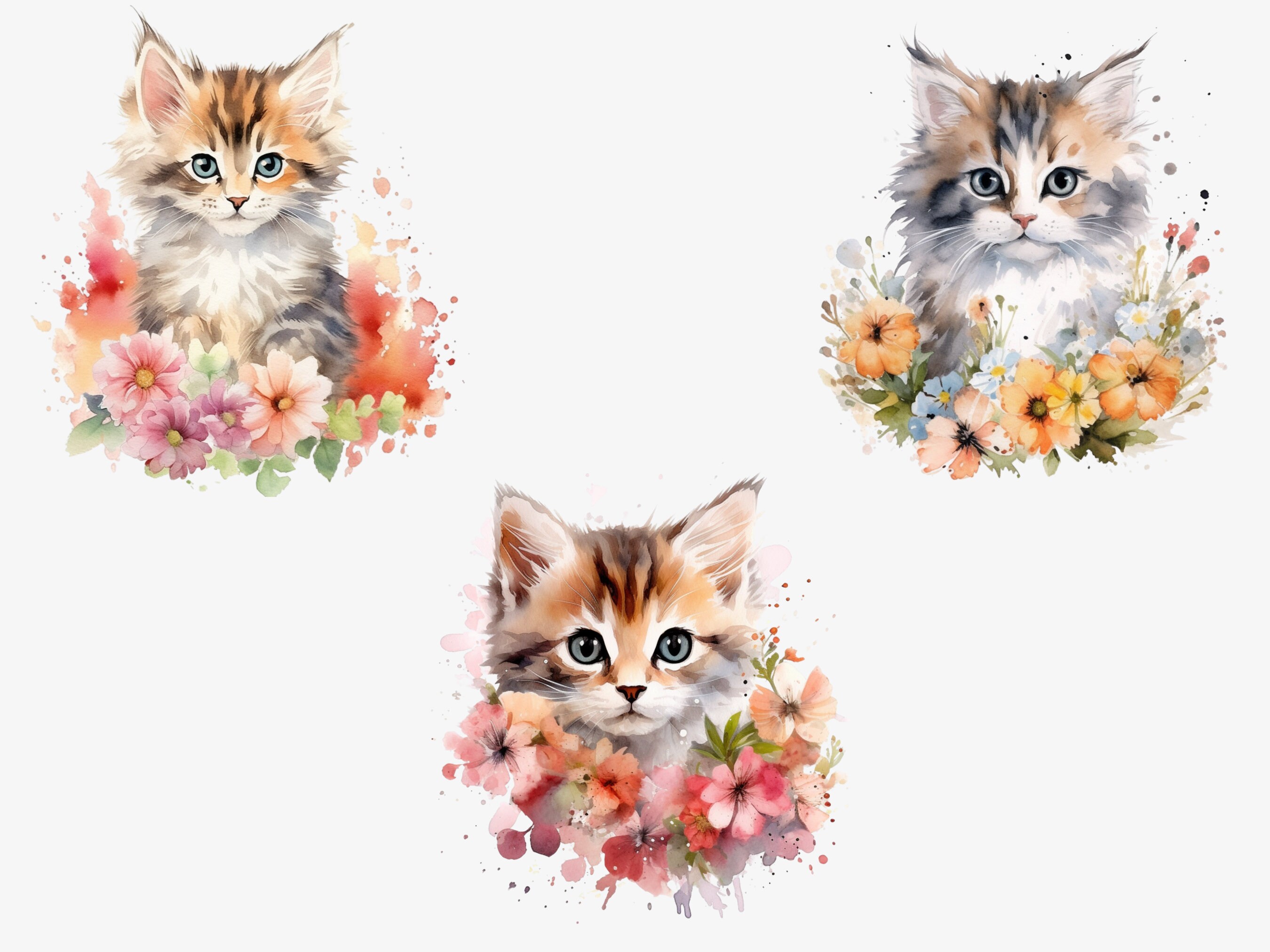 Watercolor Floral Kitten Clipart Sublimation Kitten PNG - Etsy