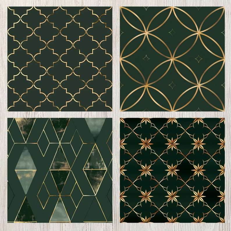 Green and Gold Printable Digital Paper Pack Pattern Background Card ...