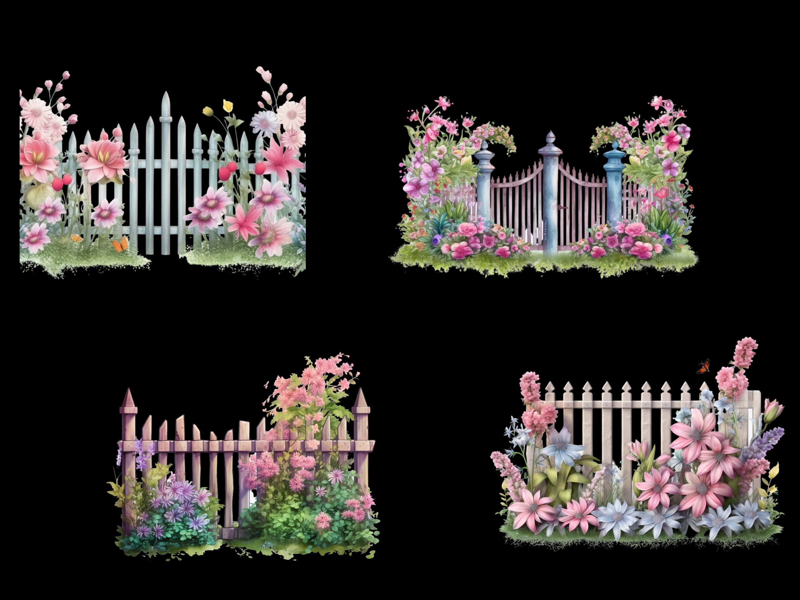 Watercolor Garden Fence Clipart Bundle Garden Fence Graphics Floral ...