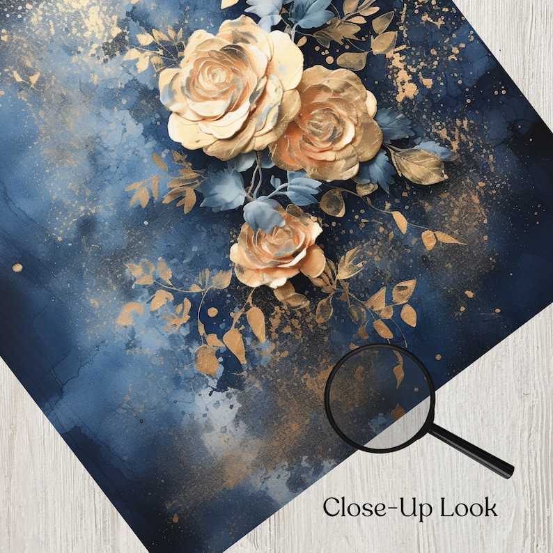 Blue and Gold Rose Printable Digital Paper Pack | Background | Card ...