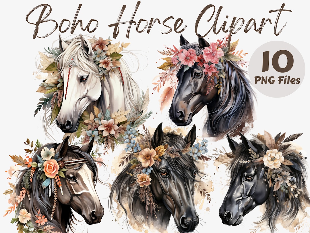 Watercolor Boho Horse PNG Clipart Bundle | Bohemian Horse PNG | Boho ...