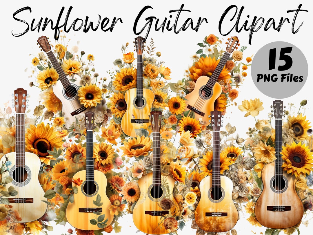 Watercolor Sunflower Guitar PNG Clipart Bundle | Guitar Graphics ...