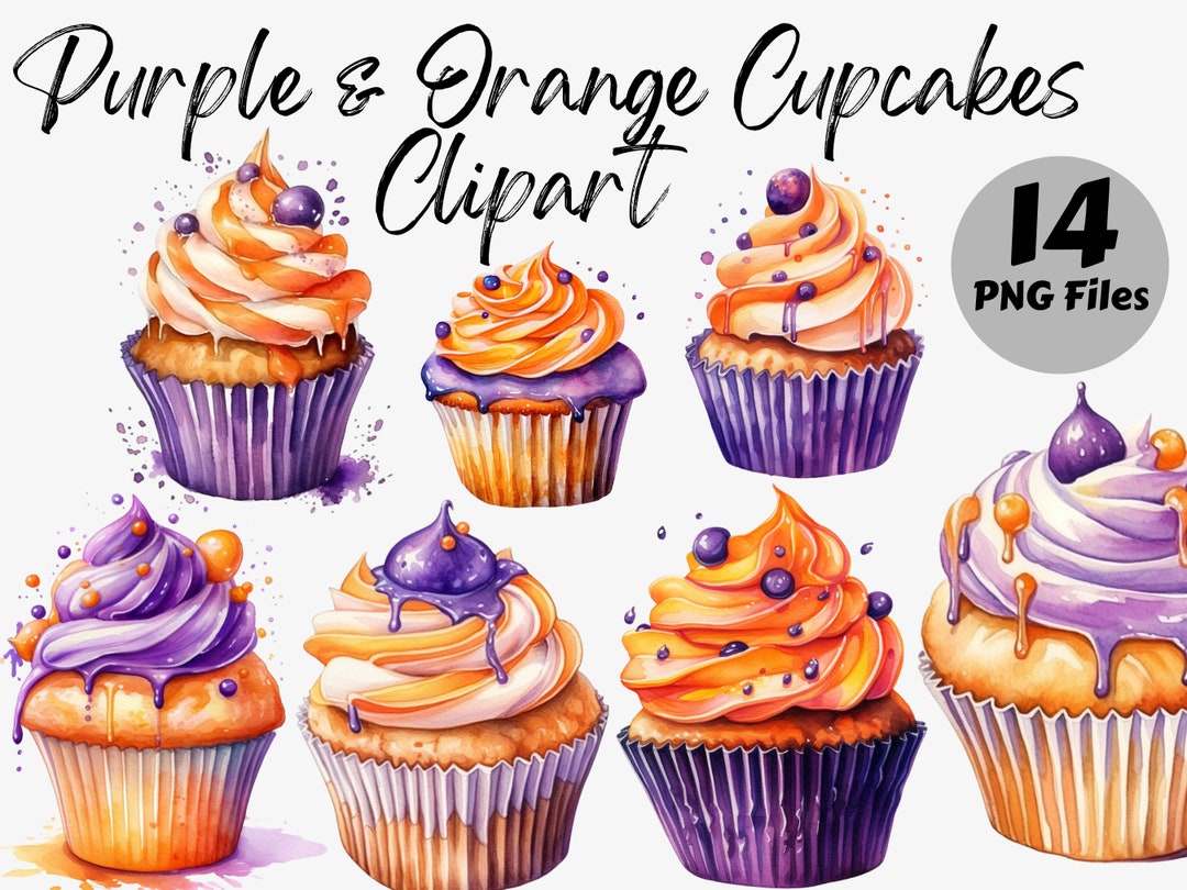 Watercolor Purple and Orange Cupcake Clipart Bundle | Halloween ...