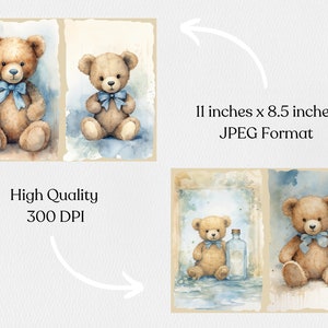 Teddy Bear Junk Journal Pages Blue Nursery Scrapbook Paper Cute Bear ...