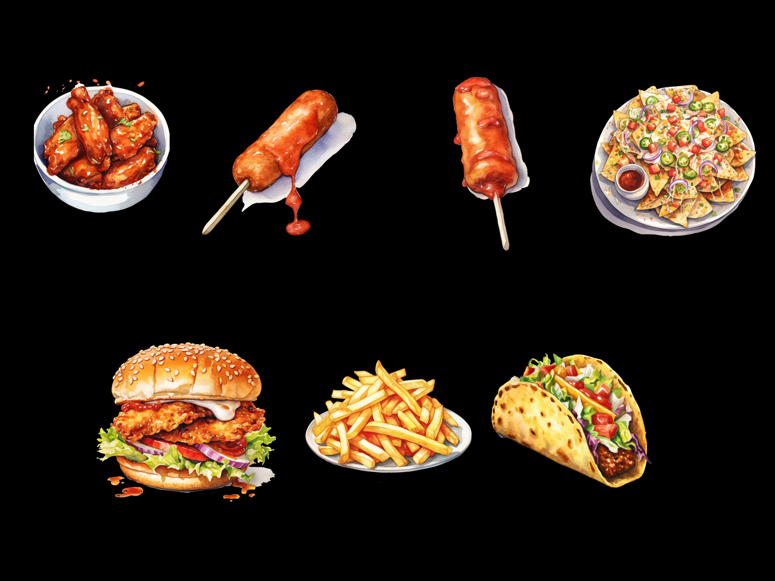 Watercolor Fast Food Clipart PNG Bundle Hamburger Hotdog Pizza Fries ...
