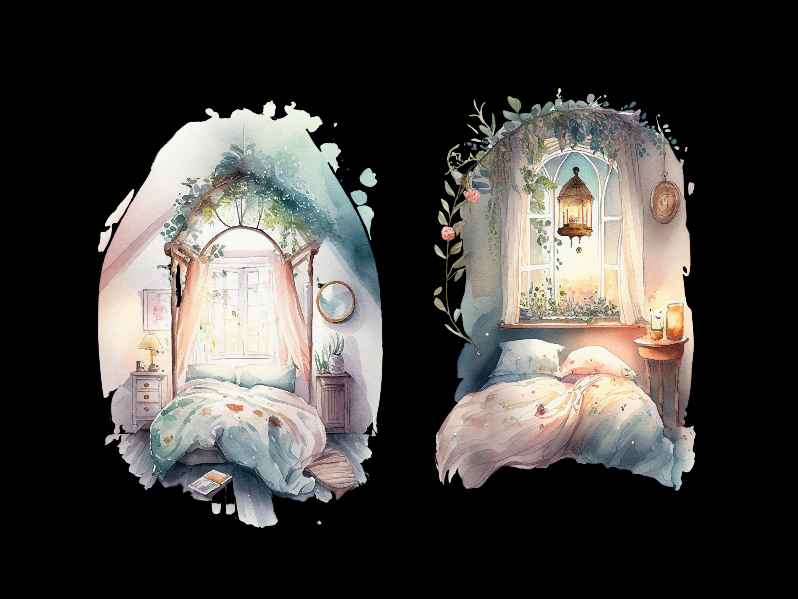 Watercolor Cozy Bedroom Clipart Bundle Cozy Bedroom Digital Images Cozy ...