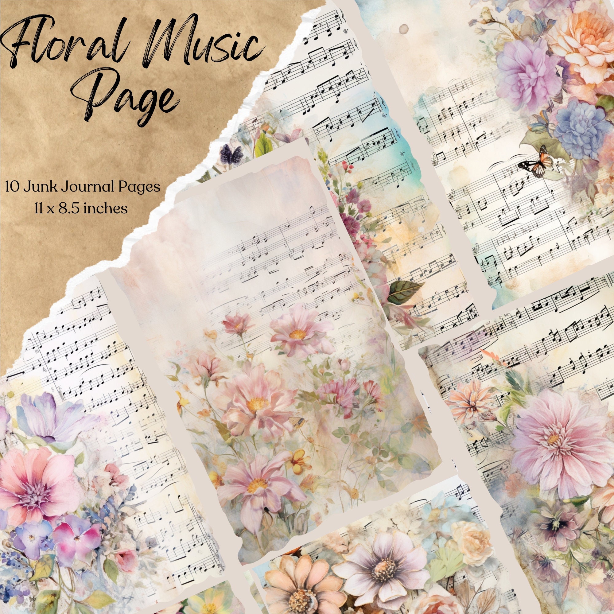 Floral Music Page Digi Kit Printable Music Pages Junk Journal Ephemera ...
