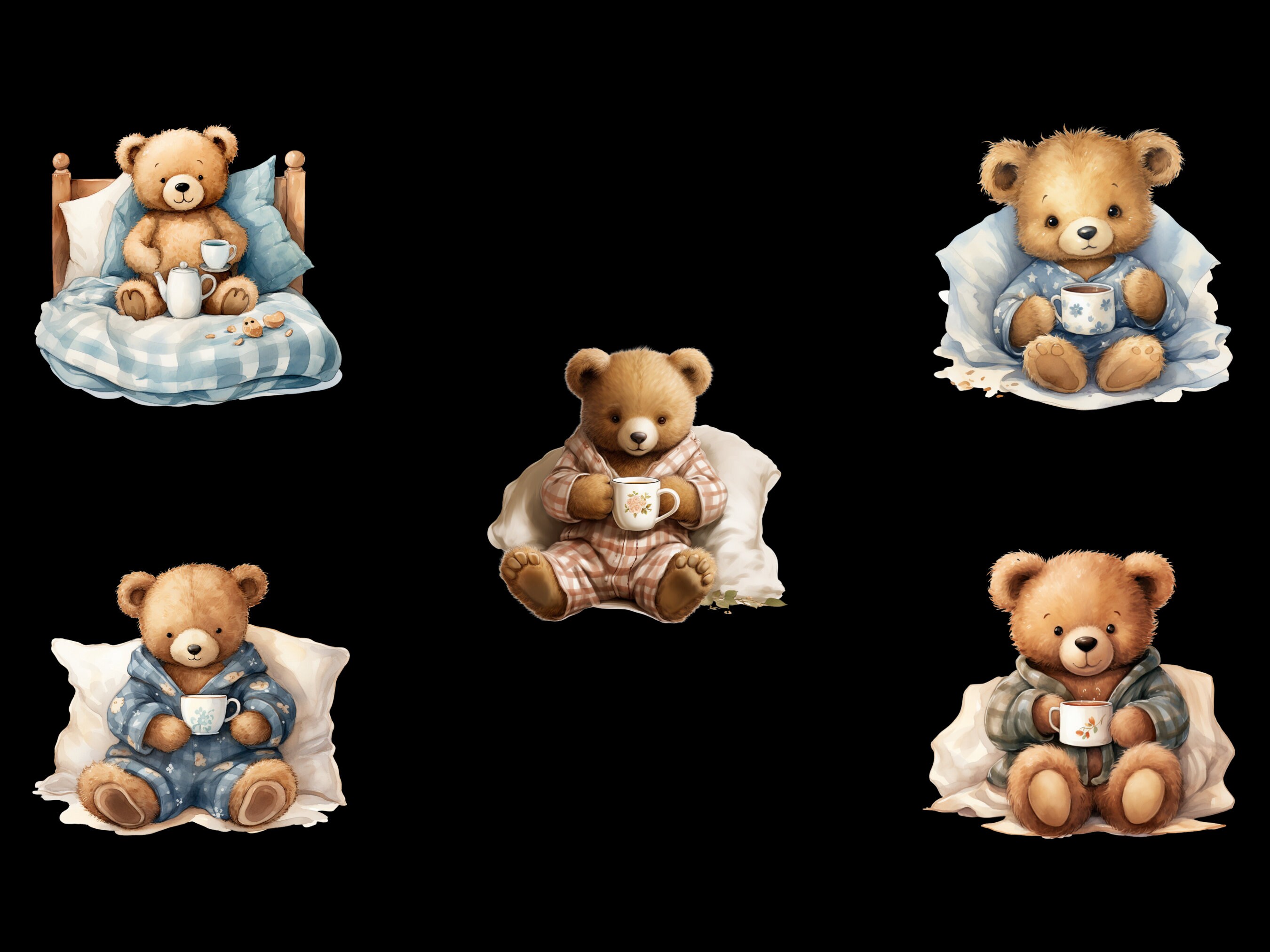 Watercolor Bedtime Teddy Bear PNG Clipart Bundle Sleepy Teddy Bear PNG ...