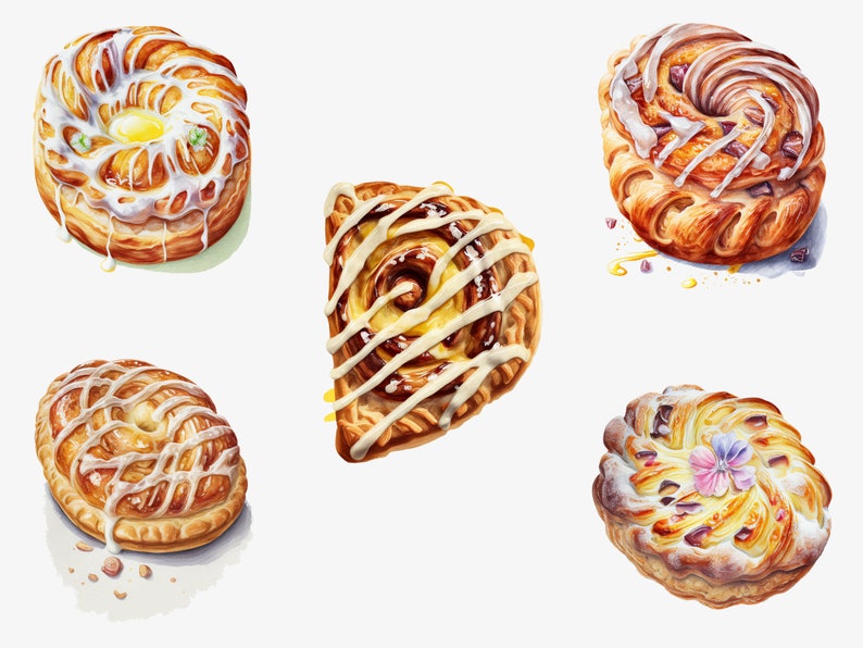Watercolor Danish Pastry Clipart Bundle Danish Pastry Digital Images ...