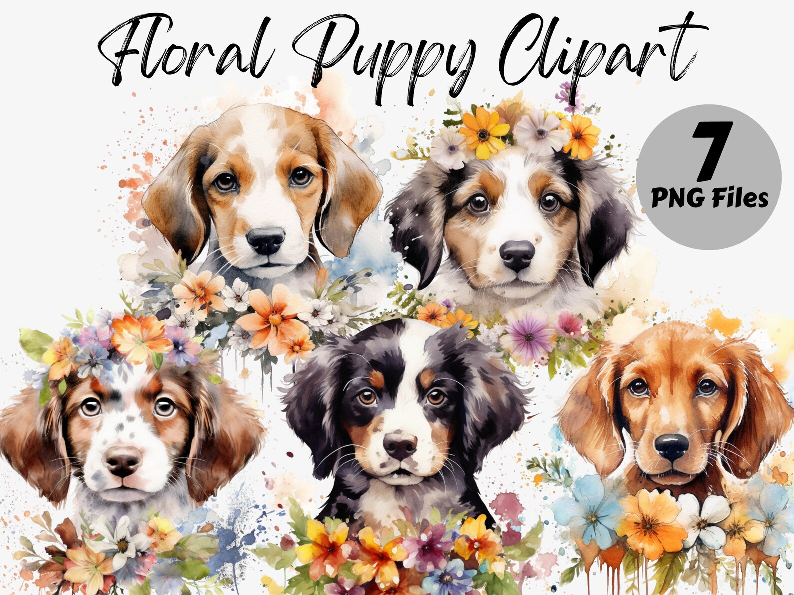 Watercolor Floral Puppy Clipart Bundle Puppy Graphics Puppy Sublimation ...