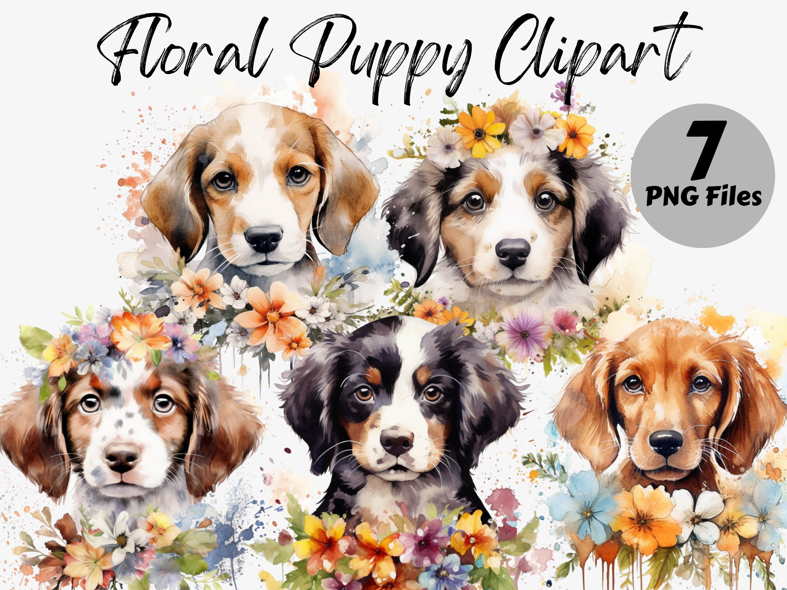 Watercolor Floral Puppy Clipart Bundle Puppy Graphics Puppy Sublimation ...