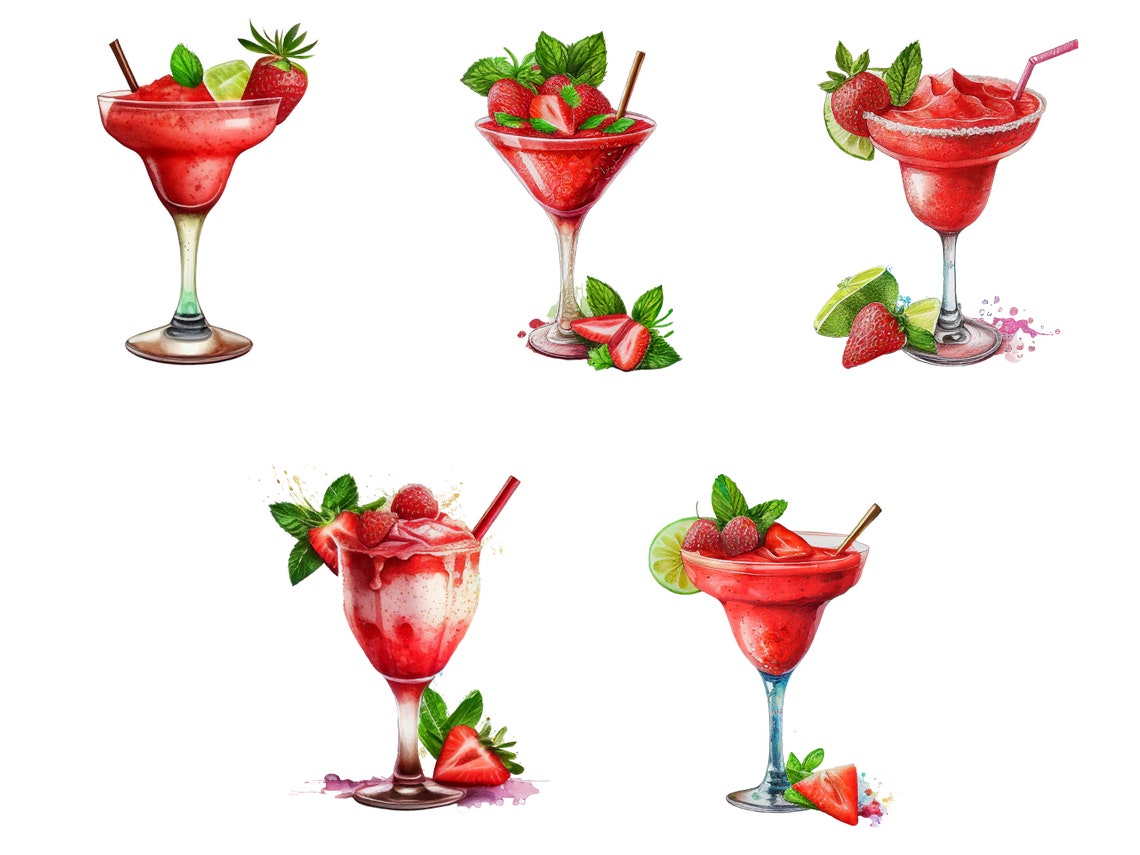 Watercolor Strawberry Daiquiri Clipart Bundle | Cocktail Digital Images ...