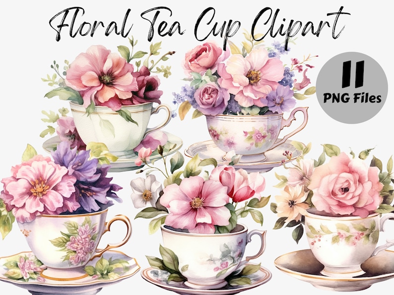 Floral Tea Cup Clipart Bundle Floral Tea Cup Sublimation - Etsy