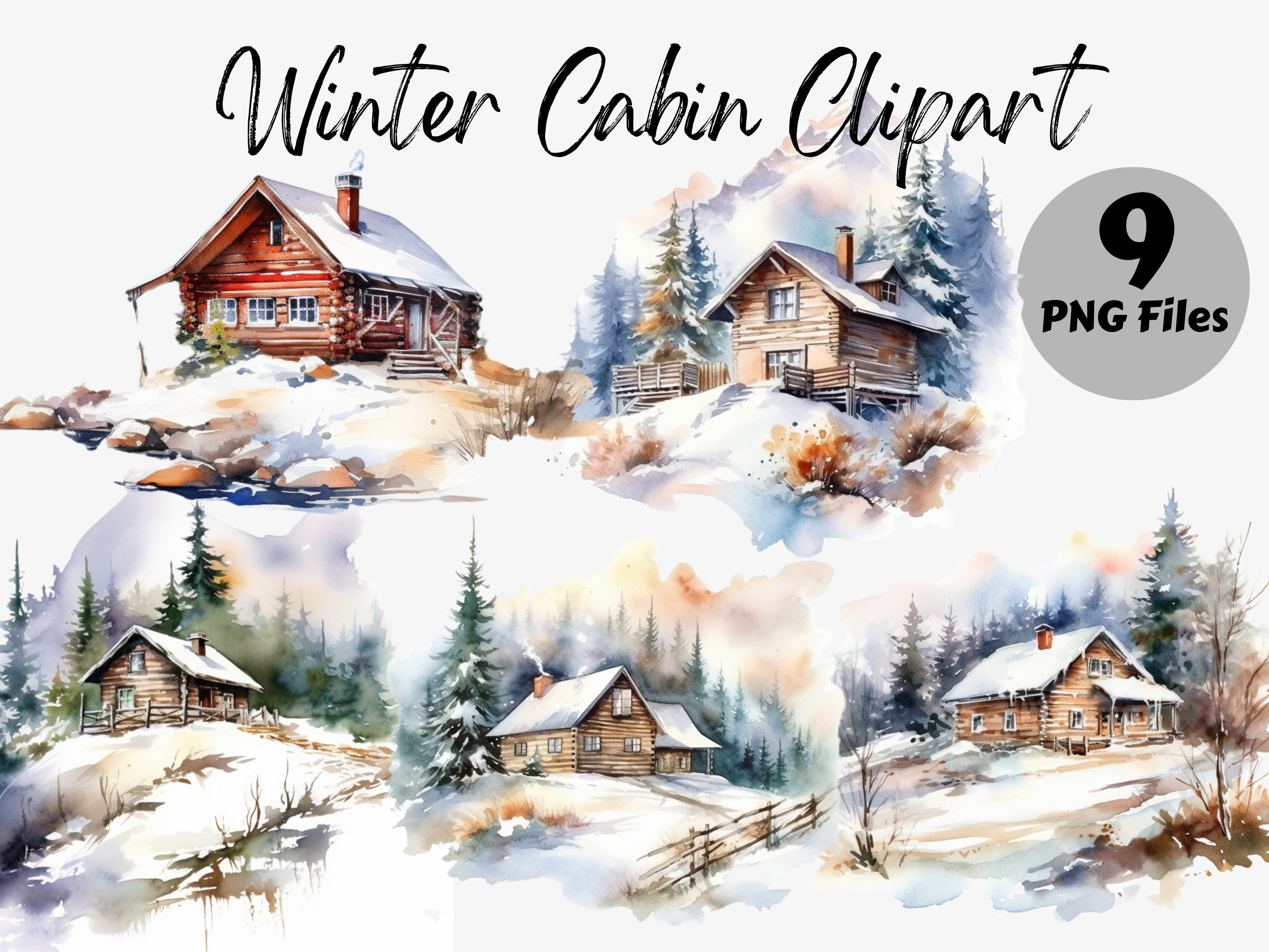 Watercolor Winter Cabin Landscape Clipart Bundle Winter Digital Images ...