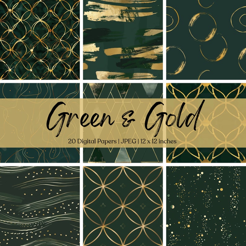 Green and Gold Printable Digital Paper Pack | Pattern Background | Card ...