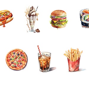 Watercolor Fast Food Clipart PNG Bundle | Hamburger | Hotdog | Pizza ...