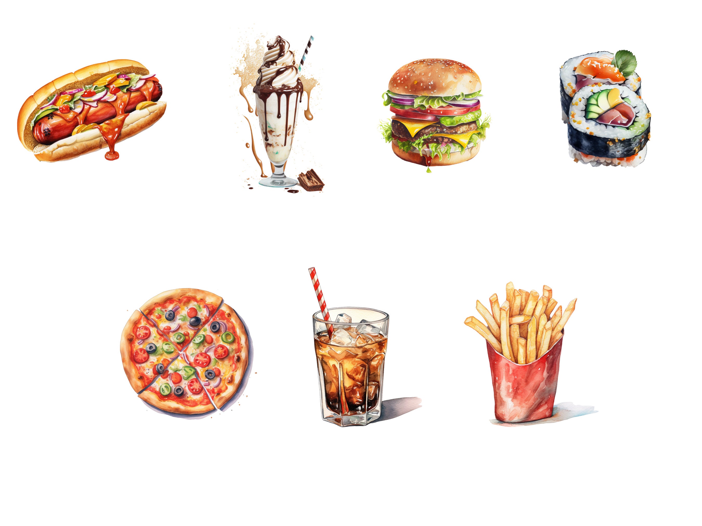 Watercolor Fast Food Clipart PNG Bundle Hamburger Hotdog Pizza Fries ...