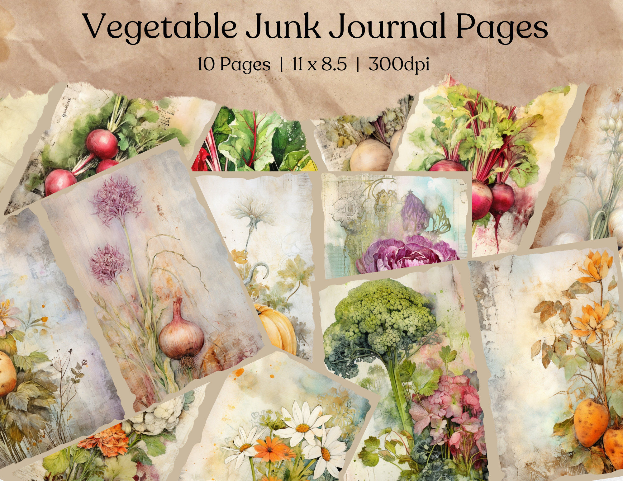 Vegetable Junk Journal Pages Digital Scrapbook Paper Cooking Printable ...