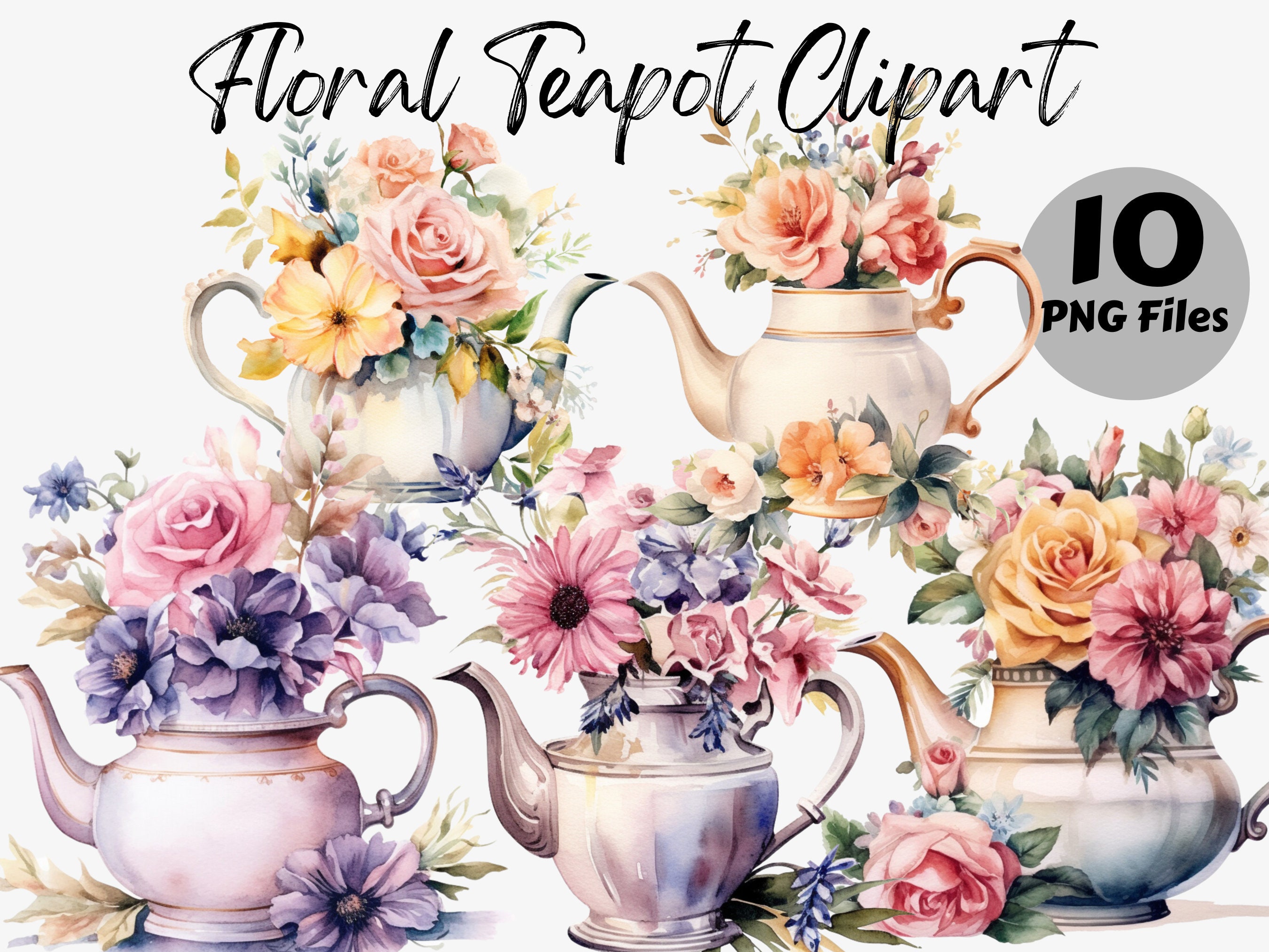 Floral Tea Pot Clipart Bundle Floral Tea Pot Sublimation Retro Tea ...