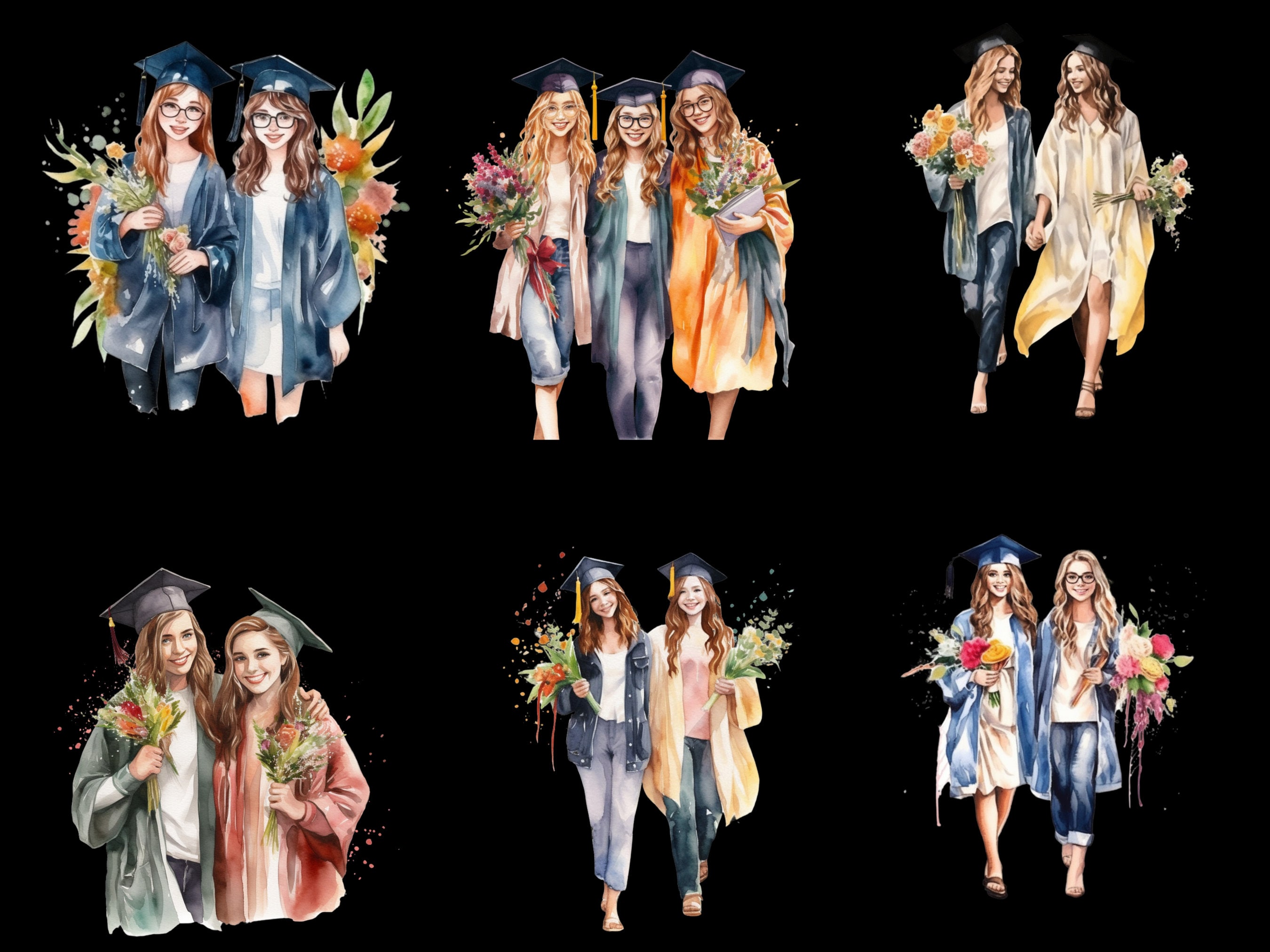 Watercolor Graduation Friends Clipart Bundle Graduation Digital Images ...