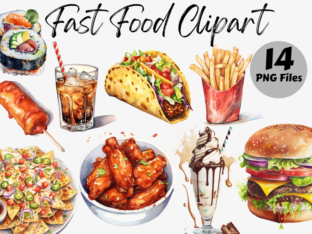 Watercolor Fast Food Clipart PNG Bundle | Hamburger | Hotdog | Pizza ...