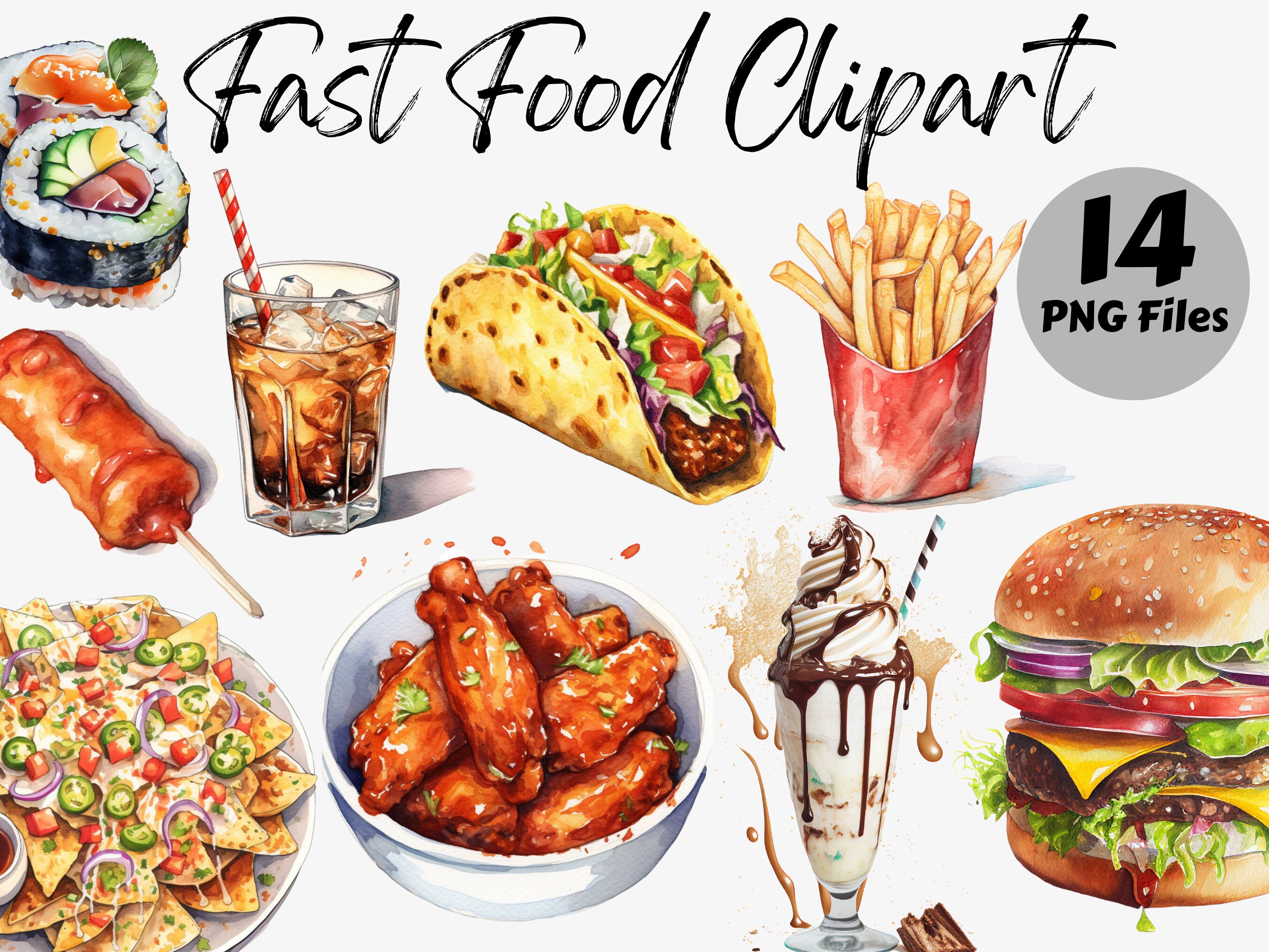 Watercolor Fast Food Clipart PNG Bundle Hamburger Hotdog Pizza Fries ...