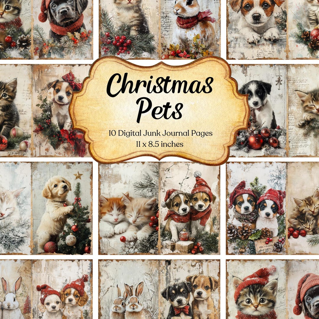 Christmas Pet Junk Journal Page Bundle Printable Cat Scrapbook Paper ...