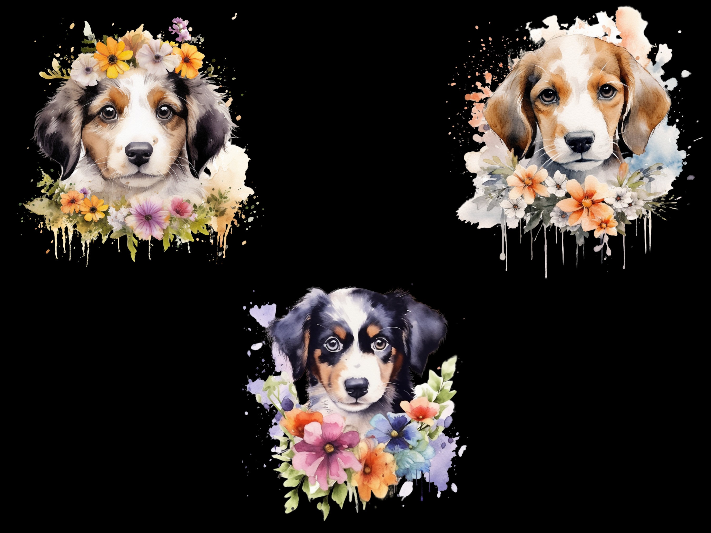 Watercolor Floral Puppy Clipart Bundle Puppy Graphics Puppy Sublimation ...