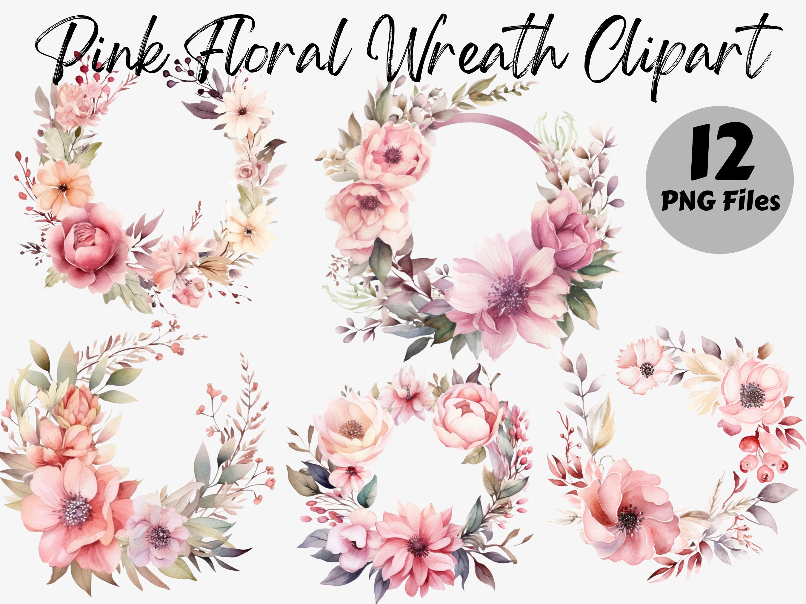 Watercolor Pink Floral Wreath Clipart Floral Wreath Digital Images ...