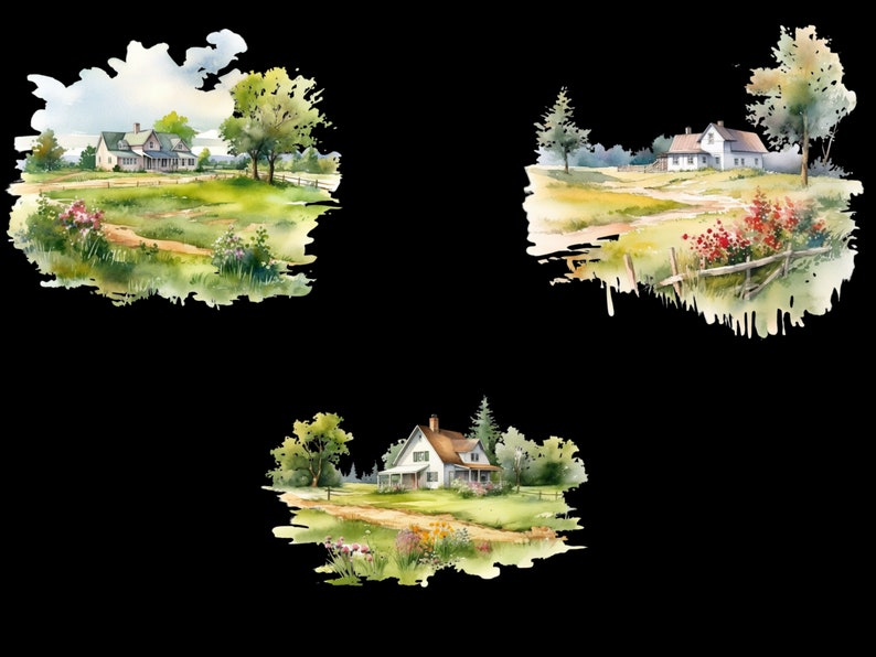 Watercolor Farmhouse Landscape Clipart Bundle | Farmhouse Digital ...
